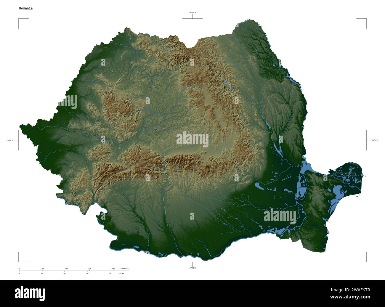 Shape of a Colored elevation map with lakes and rivers of the Romania, with distance scale and ...