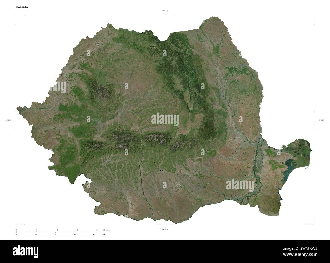 Shape of a high resolution satellite map of the Romania, with distance scale and map border ...