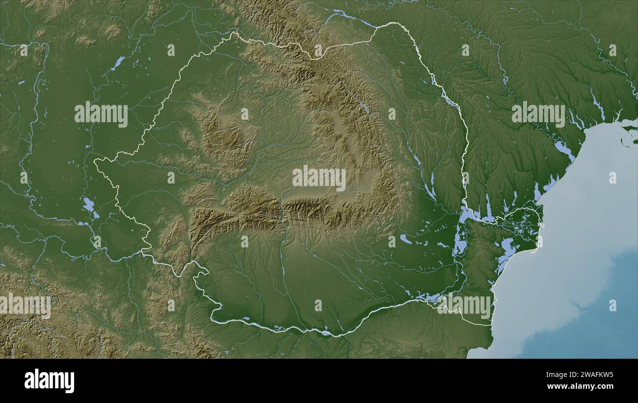 Romania outlined on a Pale colored elevation map with lakes and rivers ...