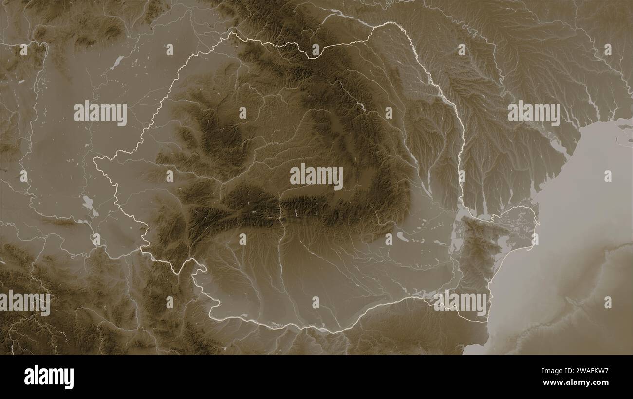 Romania outlined on a elevation map colored in sepia tones with lakes ...