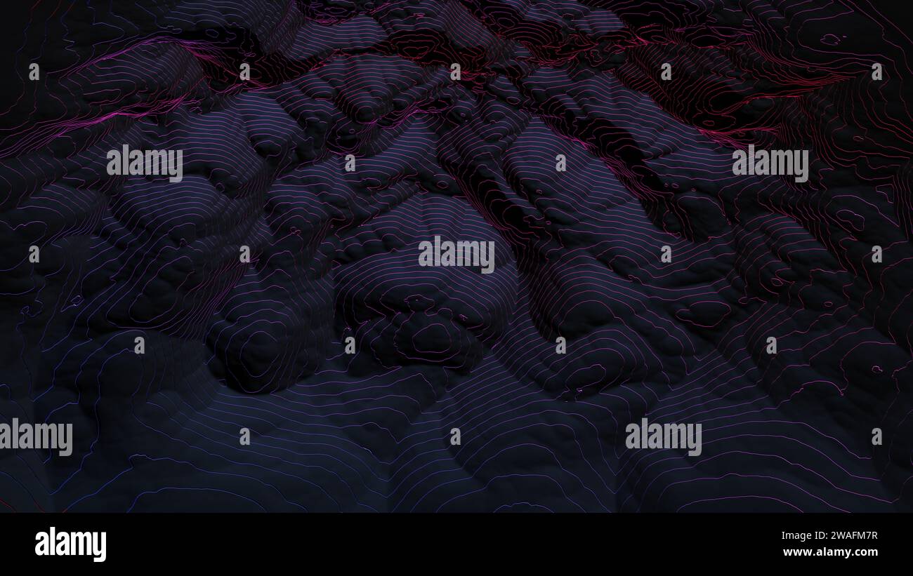 Mountainous landscape consisting of colored and curved contour lines ...