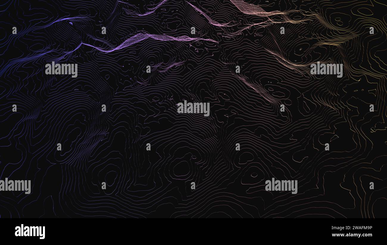 Mountainous landscape consisting of colored and curved contour lines ...