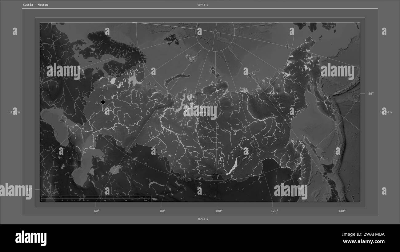 Russia highlighted on a Grayscale elevation map with lakes and rivers ...
