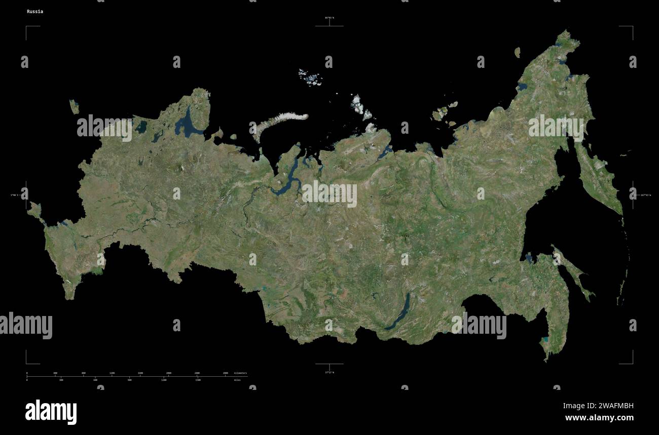 Shape of a high resolution satellite map of the Russia, with distance ...