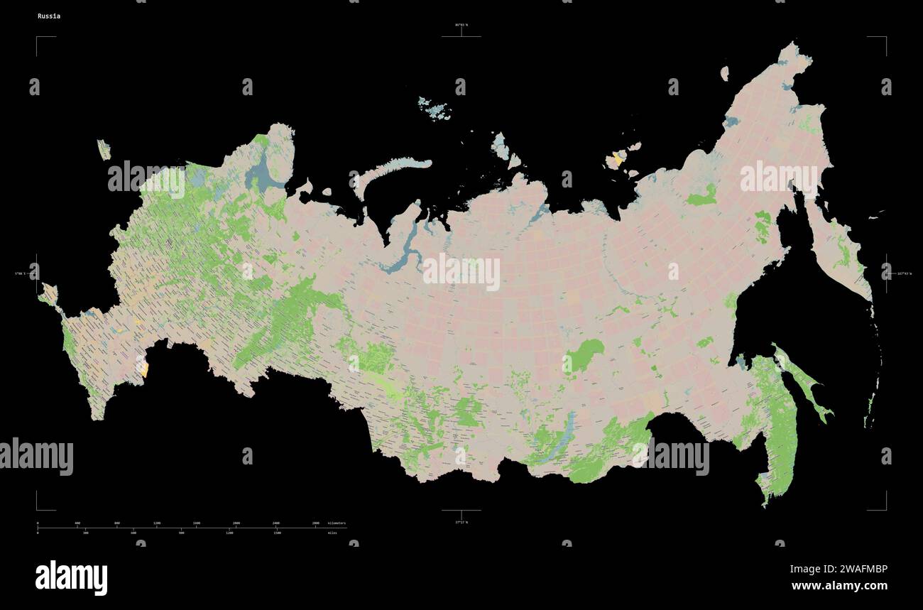 Shape of a topographic, OSM France style map of the Russia, with ...