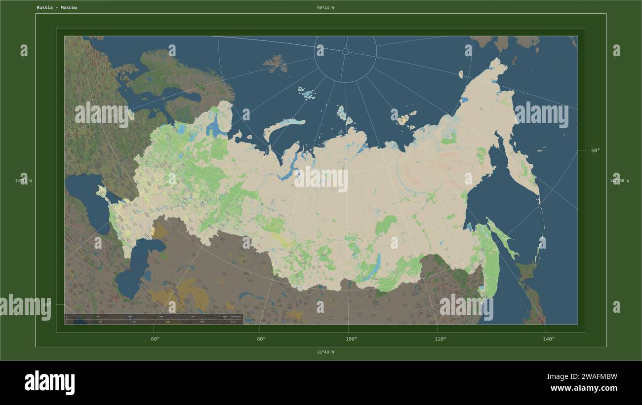 Russia highlighted on a topographic, OSM Germany style map map with the ...