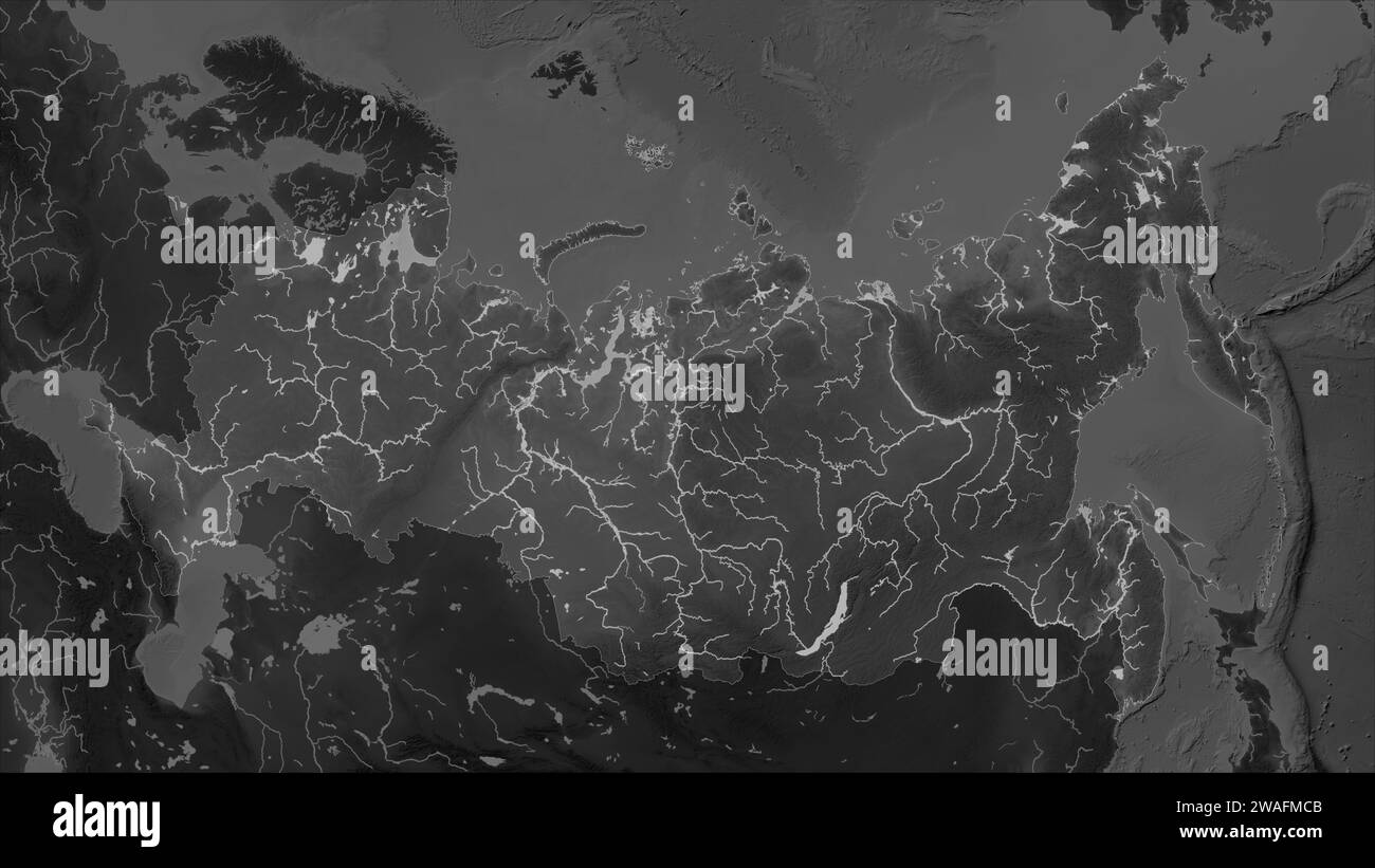 Russia highlighted on a Grayscale elevation map with lakes and rivers ...
