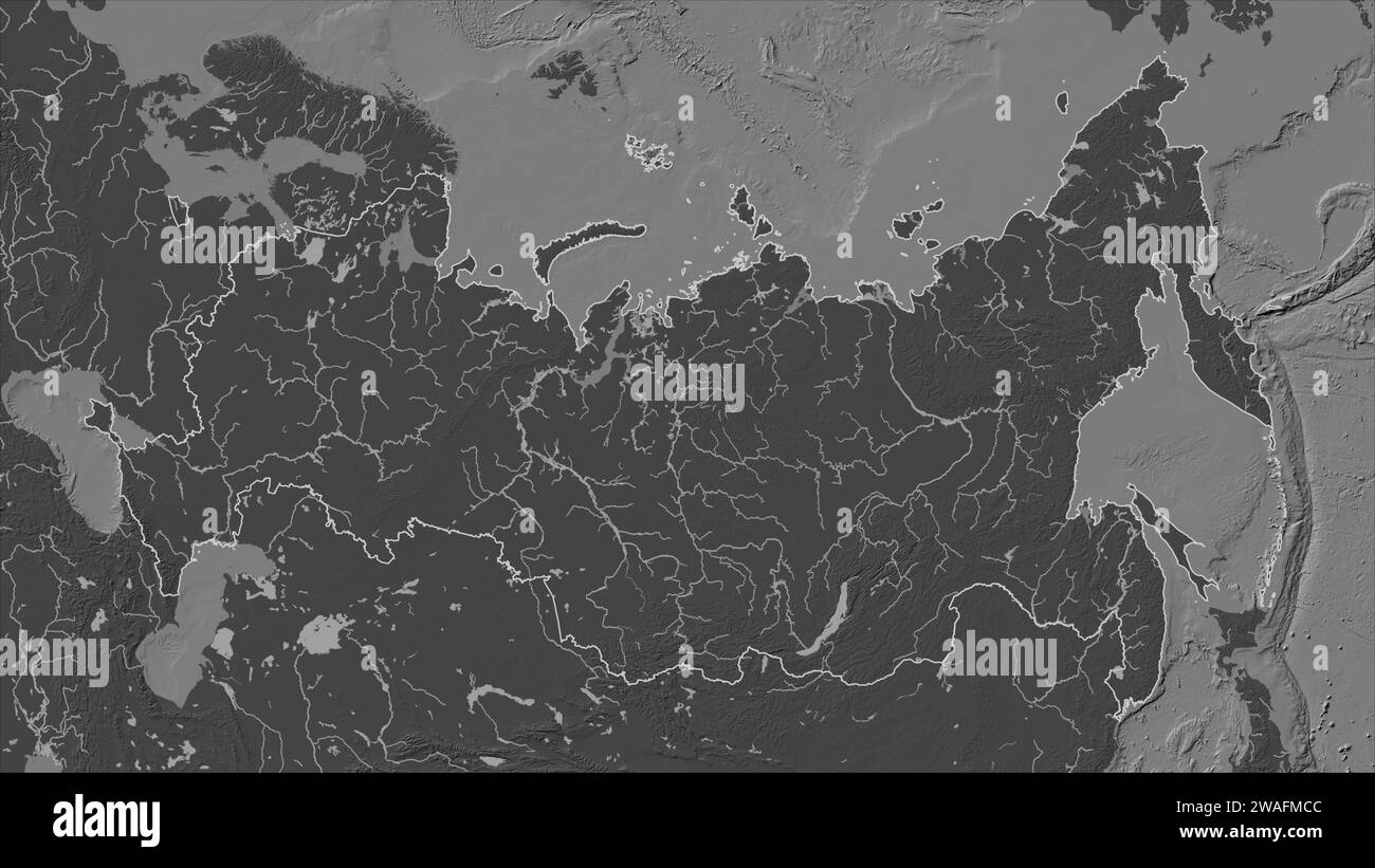 Russia outlined on a Bilevel elevation map with lakes and rivers Stock ...