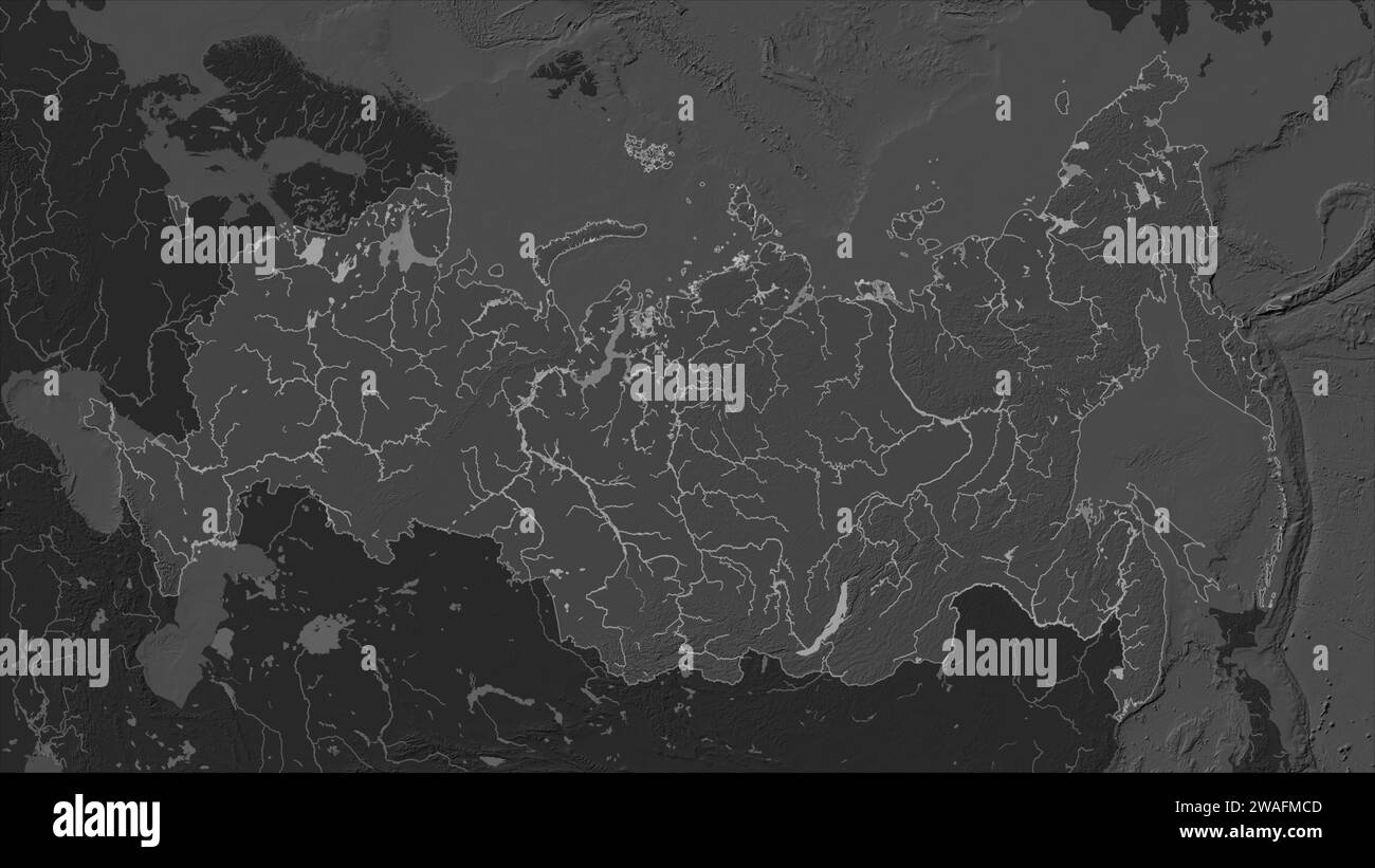 Russia highlighted on a Bilevel elevation map with lakes and rivers ...