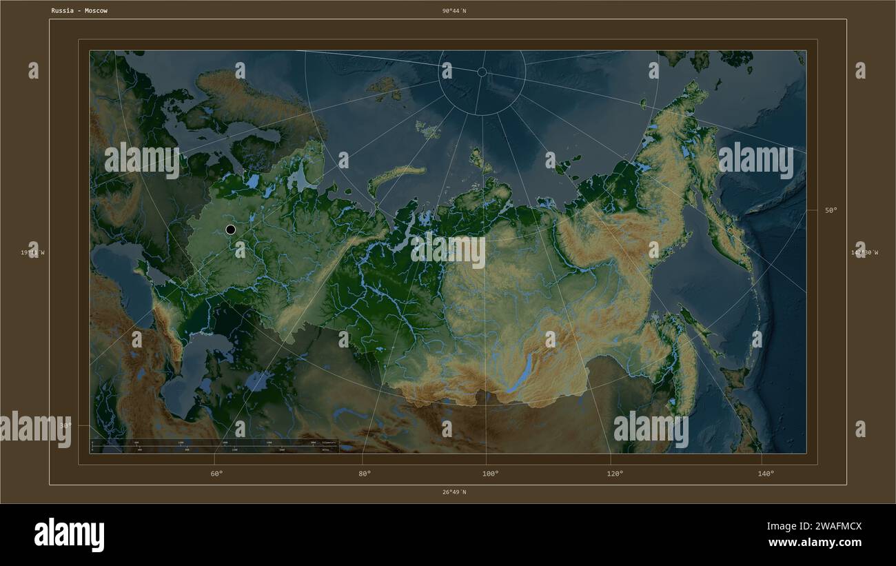 Russia highlighted on a Colored elevation map with lakes and rivers map ...