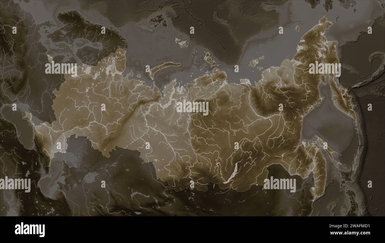 Russia highlighted on a elevation map colored in sepia tones with lakes ...