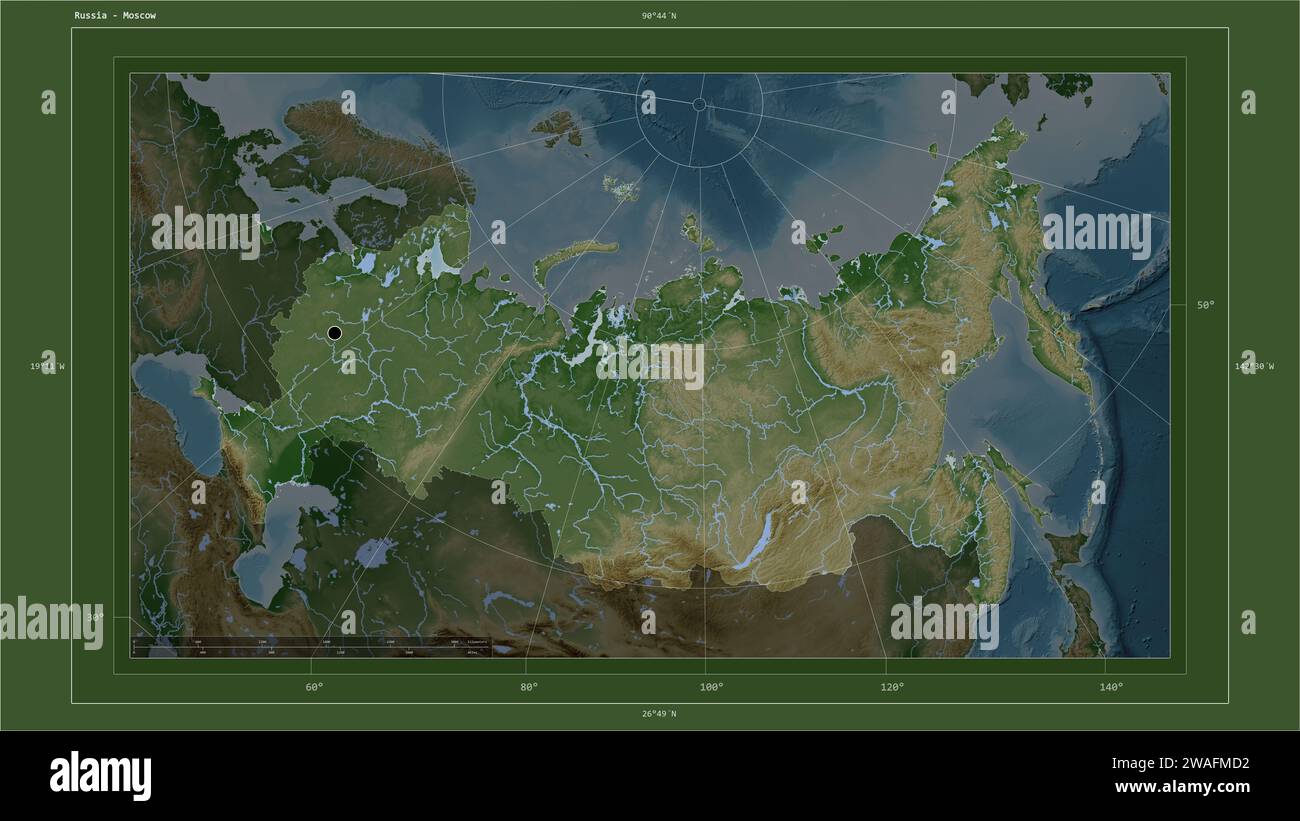 Russia highlighted on a Pale colored elevation map with lakes and ...