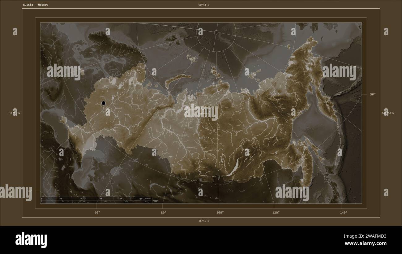 Russia highlighted on a elevation map colored in sepia tones with lakes ...
