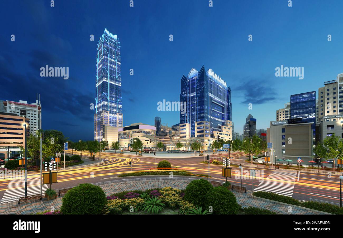 3d render of skyscrapers shopping mall exterior view at night Stock ...
