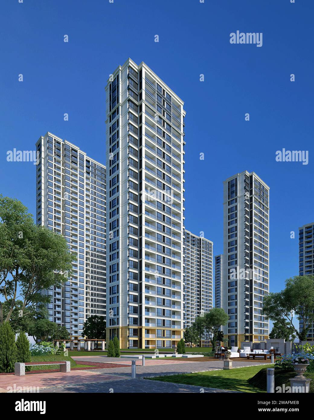 3d render of skyscrapers shopping mall exterior view at night Stock ...