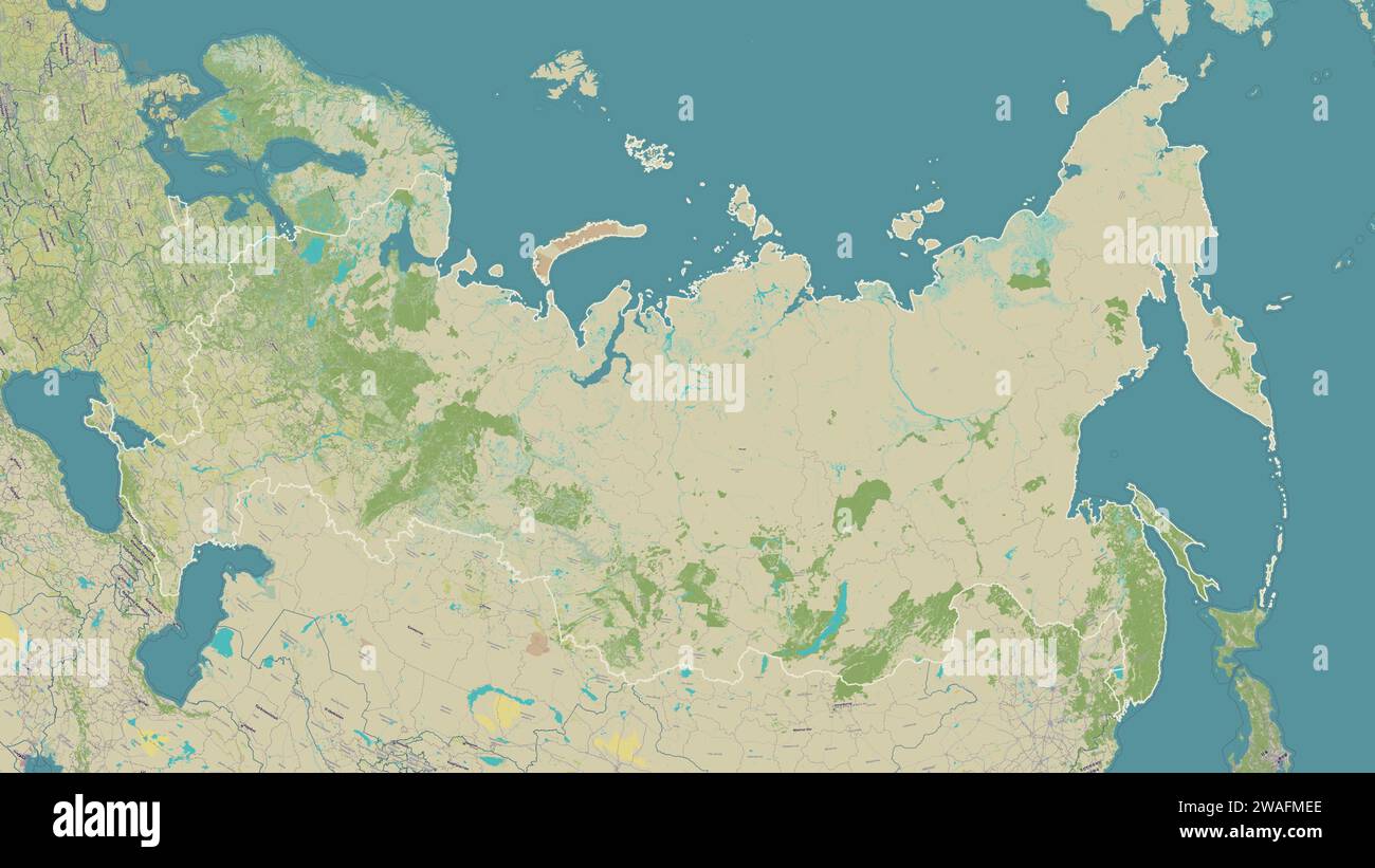Russia outlined on a topographic, OSM Humanitarian style map Stock ...