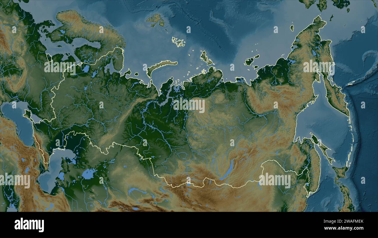 Russia outlined on a Colored elevation map with lakes and rivers Stock ...