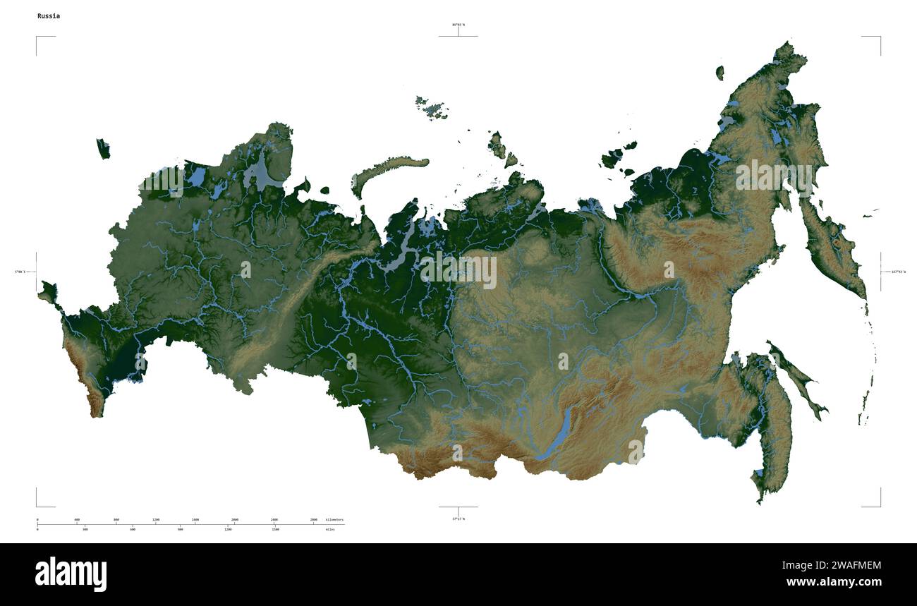 Shape of a Colored elevation map with lakes and rivers of the Russia, with distance scale and ...