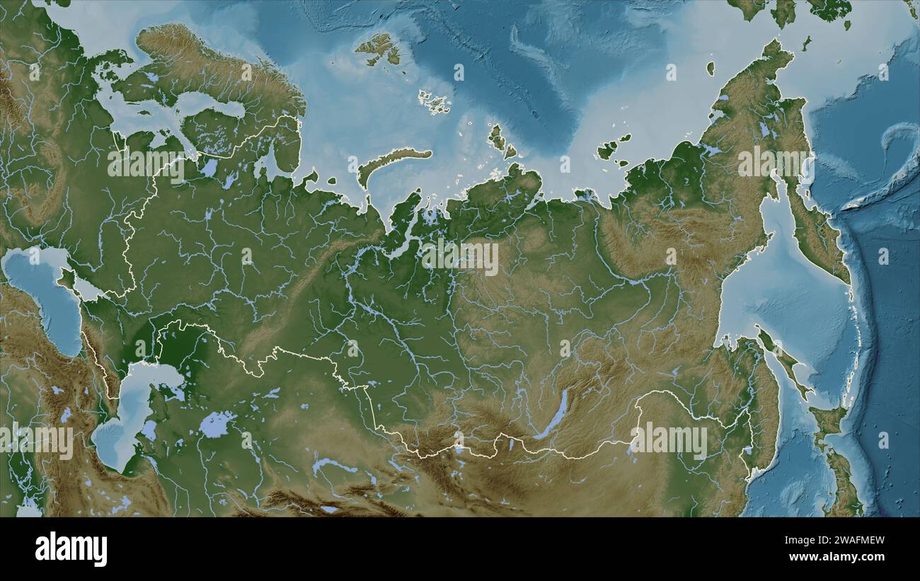 Russia outlined on a Pale colored elevation map with lakes and rivers ...
