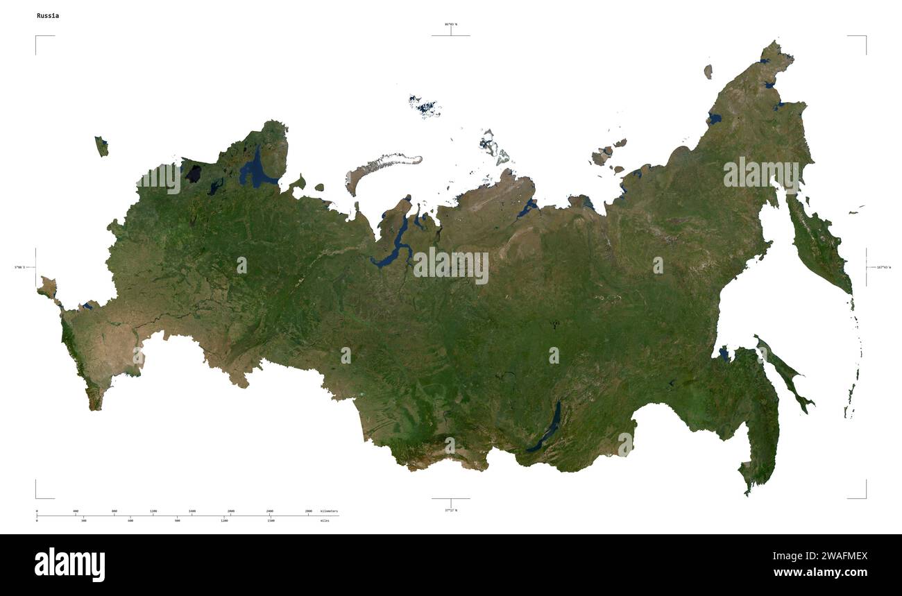 Shape of a low resolution satellite map of the Russia, with distance ...