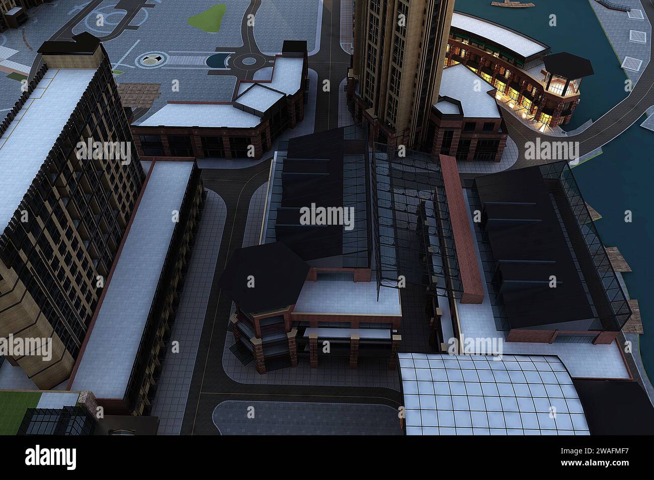 3d render of skyscrapers shopping mall exterior view at night Stock ...