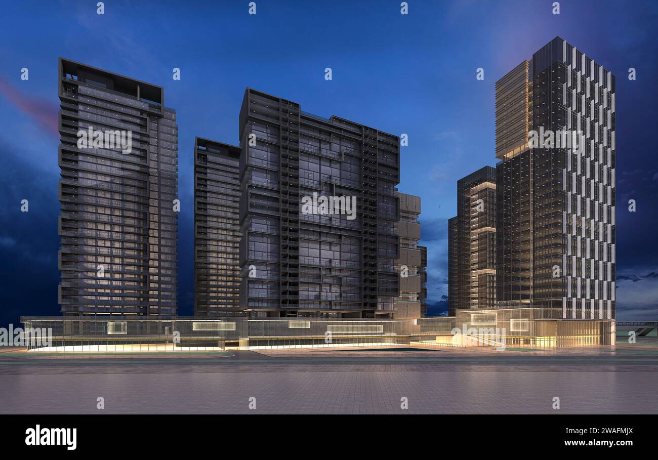 3d render of skyscrapers shopping mall exterior view at night Stock ...