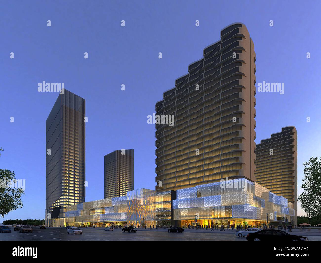 3d render of skyscrapers shopping mall exterior view at night Stock ...