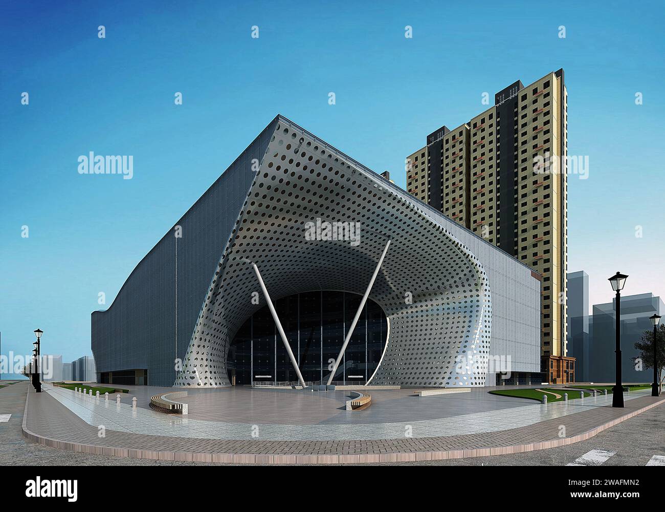 3d render of skyscrapers shopping mall exterior view at night Stock ...