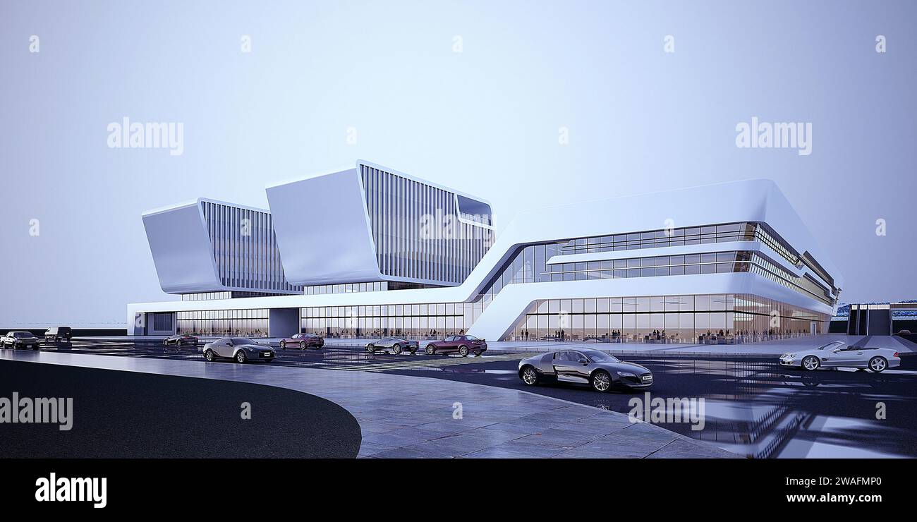 3d render of skyscrapers shopping mall exterior view at night Stock ...