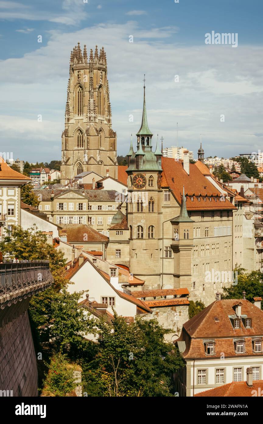 View of Fribourg City Hall and the Cathedral of St Nicholas, Swiss ...