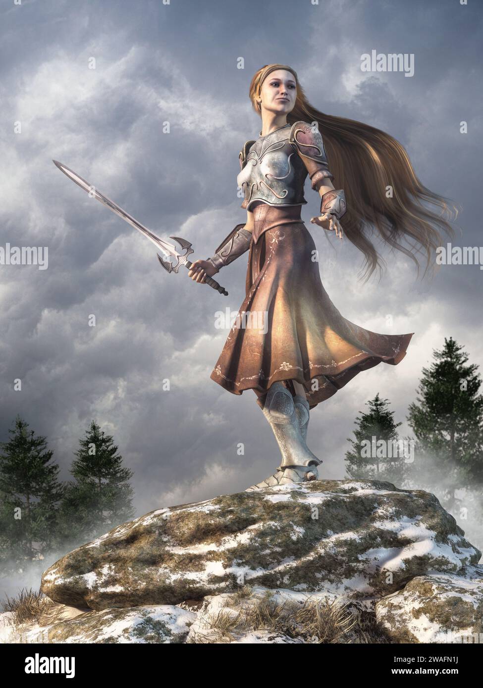 An armored warrior woman with a sword stands on a snowy hill as the ...