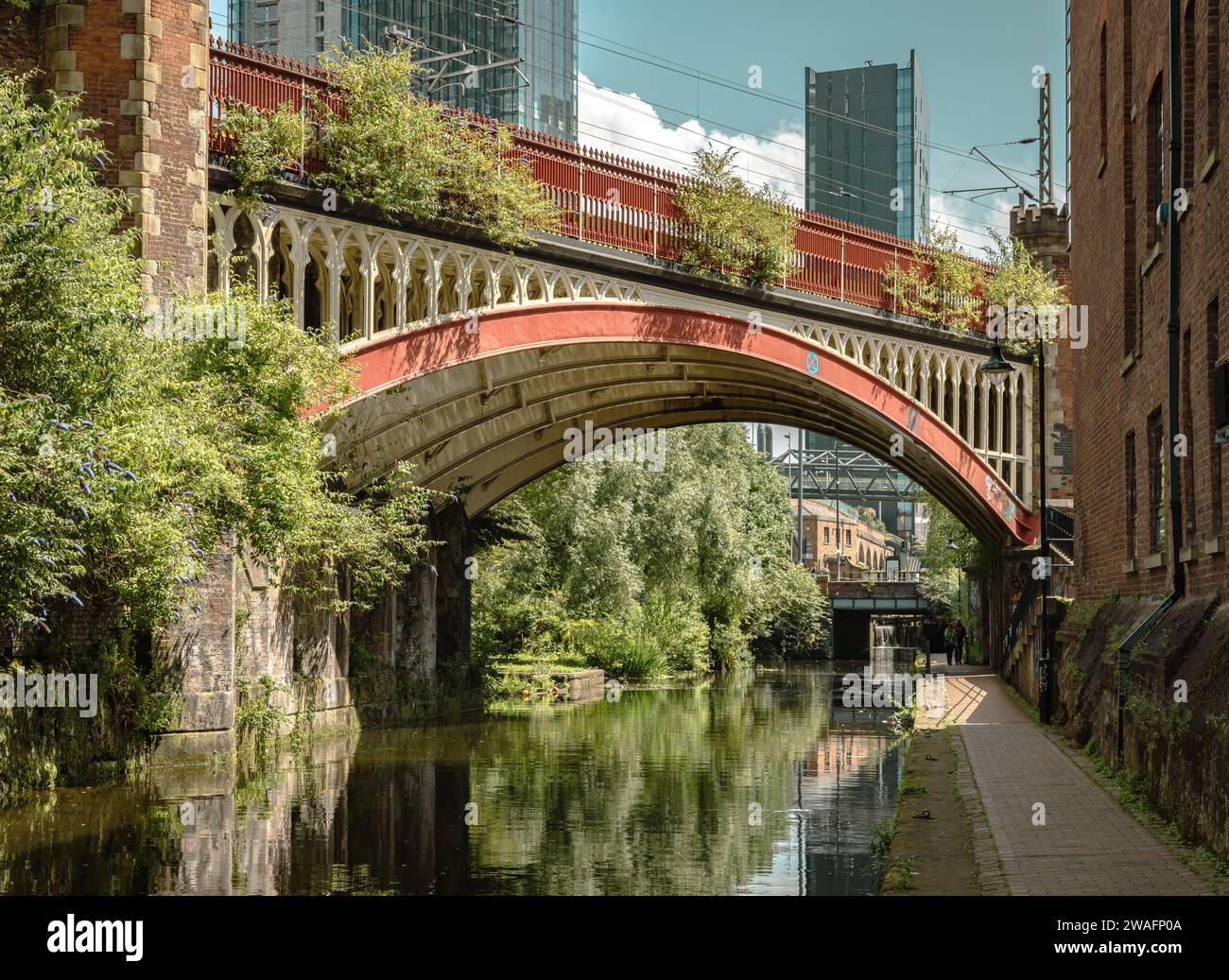 A Victorian railway bridge on the Rochdale Canal. Behind it ...