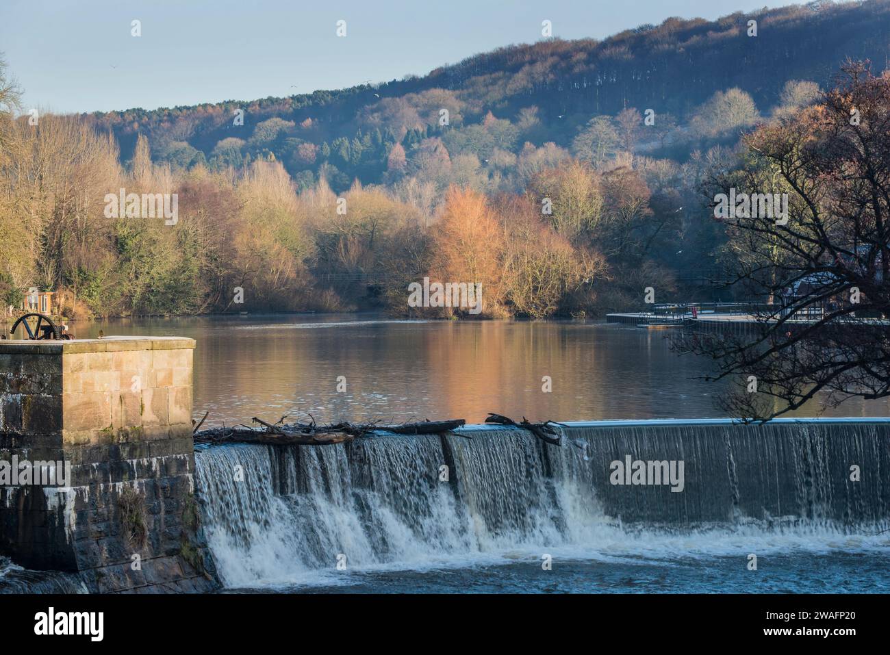 The horseshoe weir on the river Derwent in autumn,Belper, Derbyshire ...