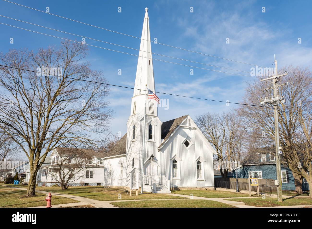 The Dwight pioneer gothic church, built in 1857, in the morning sun ...