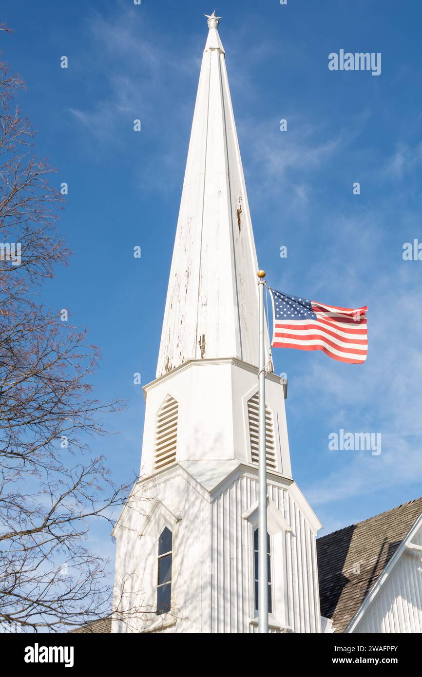The Dwight pioneer gothic church, built in 1857, in the morning sun ...