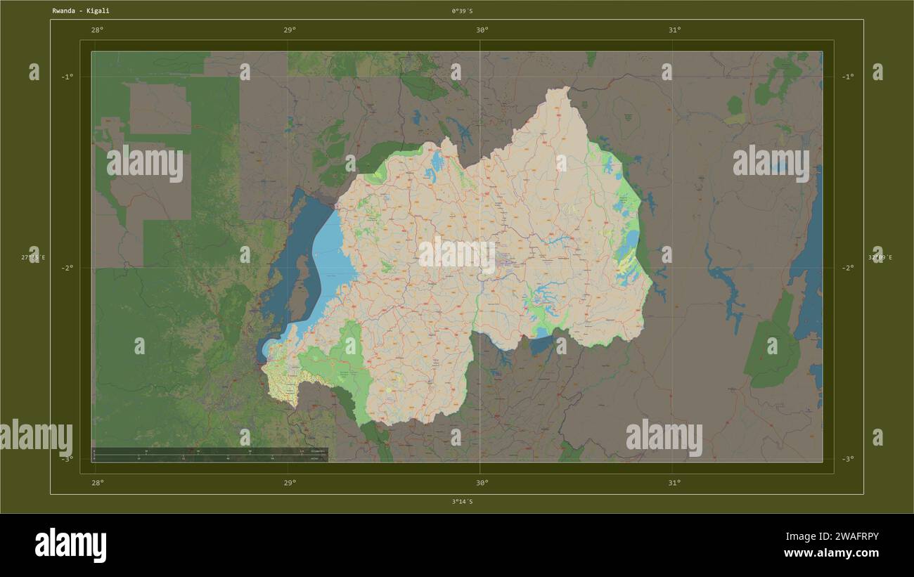 Rwanda highlighted on a topographic, OSM standard style map map with ...