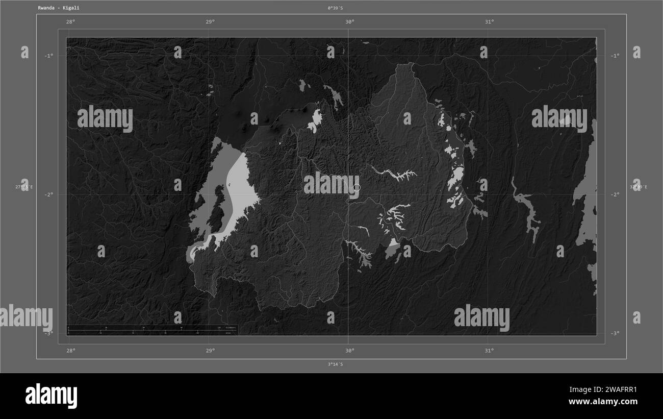 Rwanda highlighted on a Grayscale elevation map with lakes and rivers ...