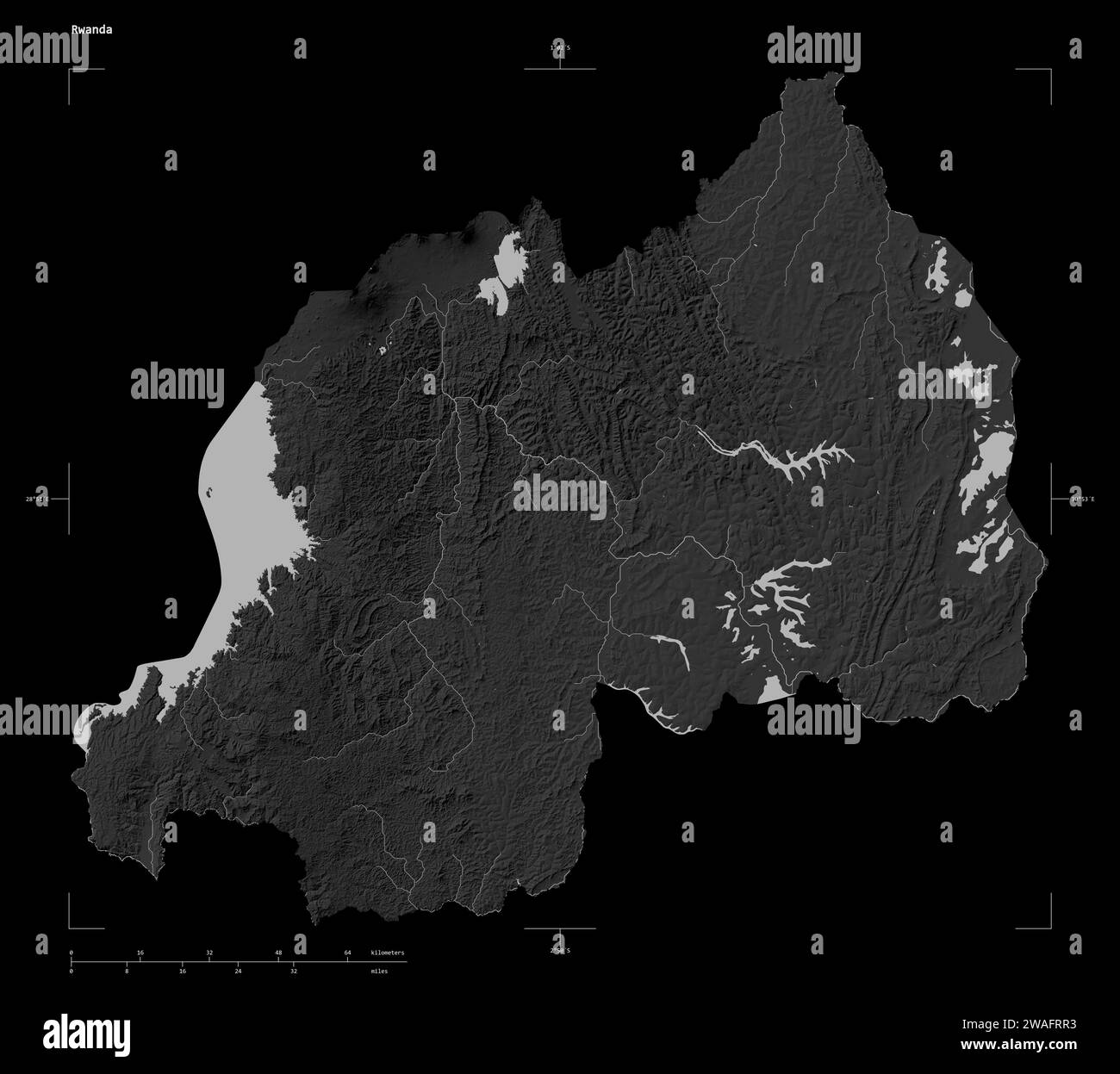 Shape of a Grayscale elevation map with lakes and rivers of the Rwanda, with distance scale and ...