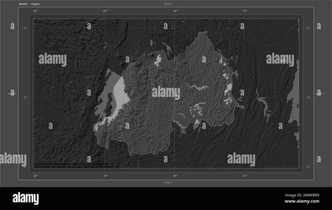 Rwanda highlighted on a Bilevel elevation map with lakes and rivers map ...