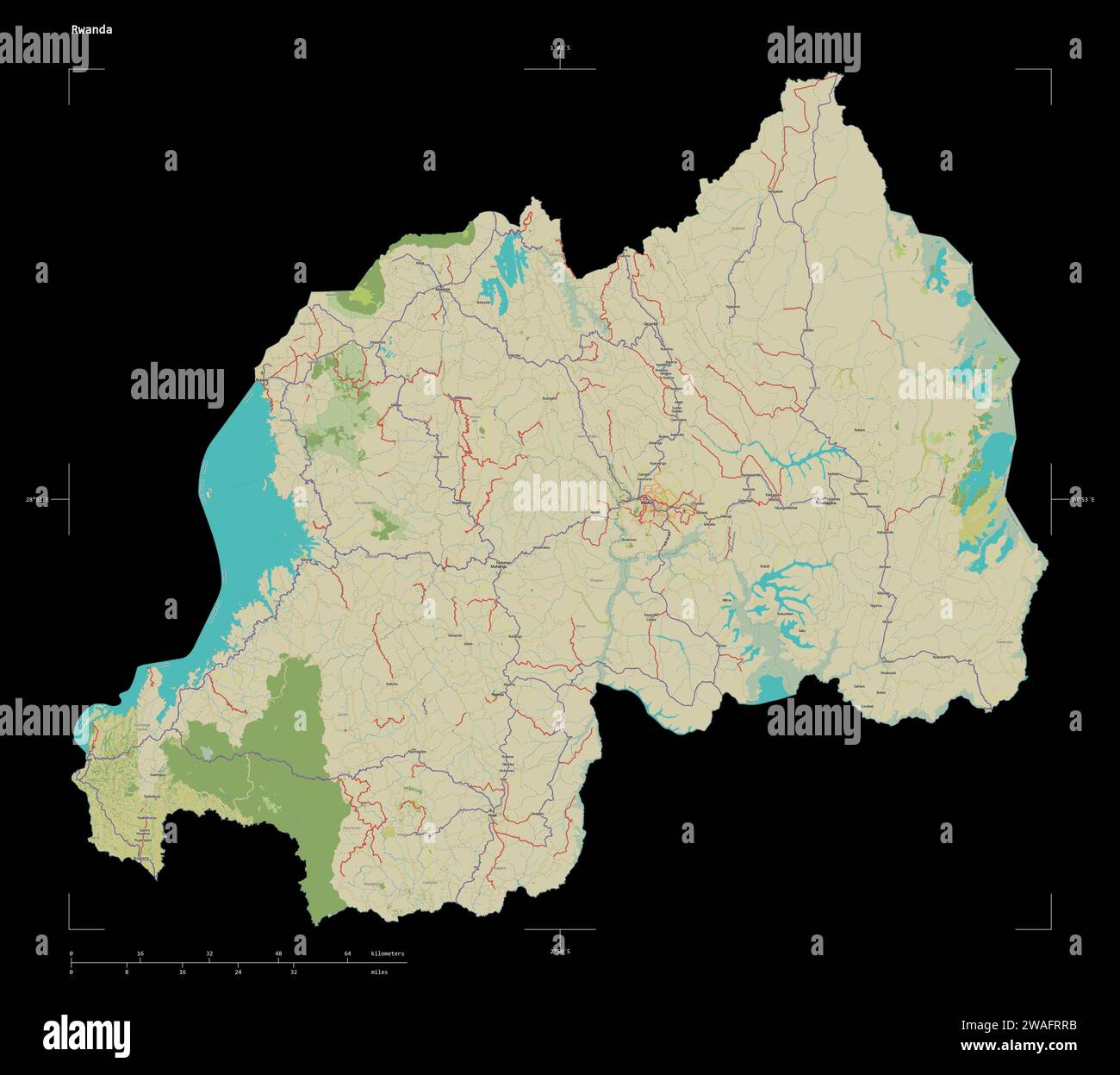 Shape of a topographic, OSM Humanitarian style map of the Rwanda, with ...