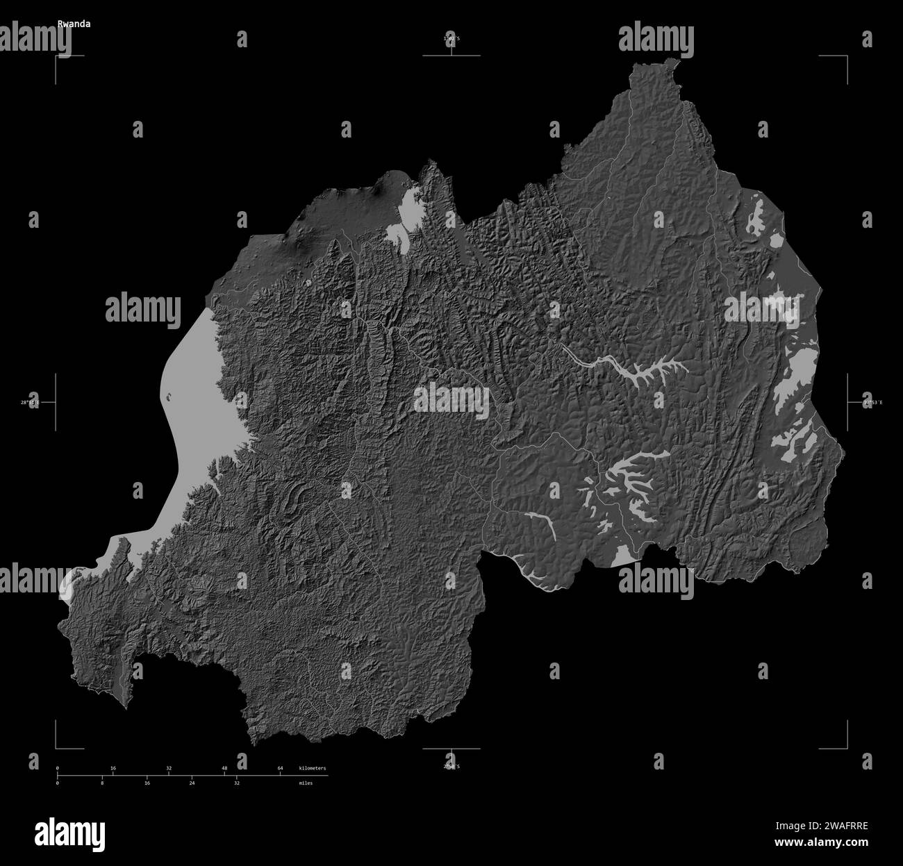 Shape of a Bilevel elevation map with lakes and rivers of the Rwanda, with distance scale and ...