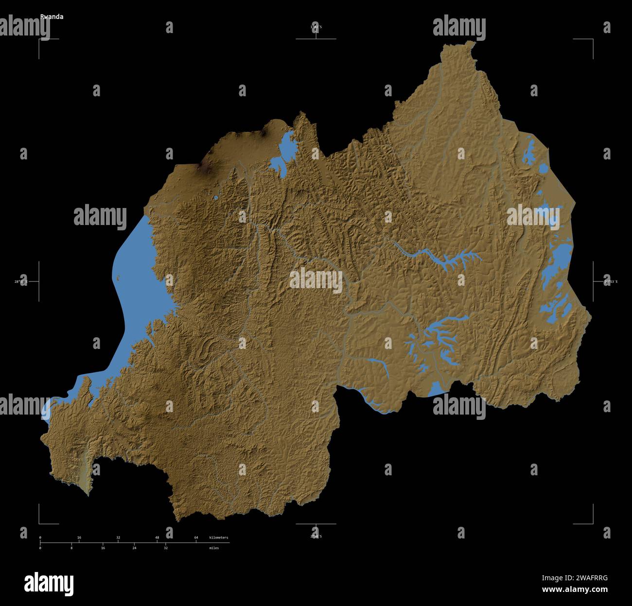 Shape of a Colored elevation map with lakes and rivers of the Rwanda ...