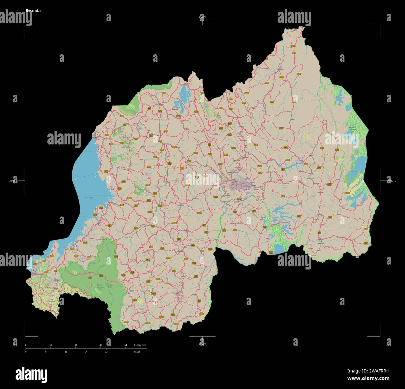 Shape of a topographic, OSM Germany style map of the Rwanda, with distance scale and map border ...
