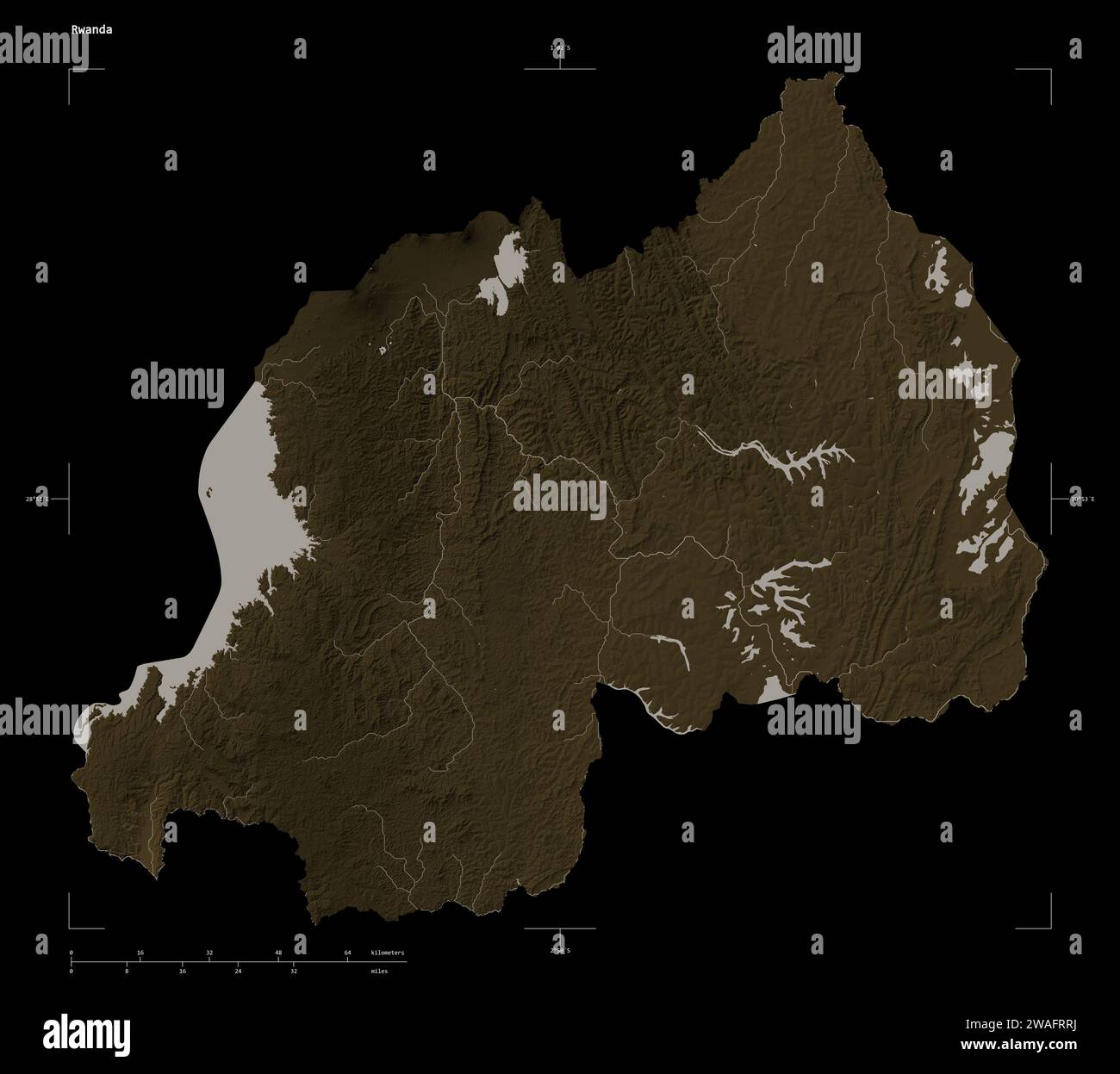 Shape of a elevation map colored in sepia tones with lakes and rivers ...
