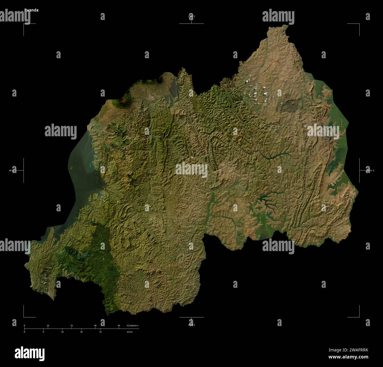 Shape of a low resolution satellite map of the Rwanda, with distance ...