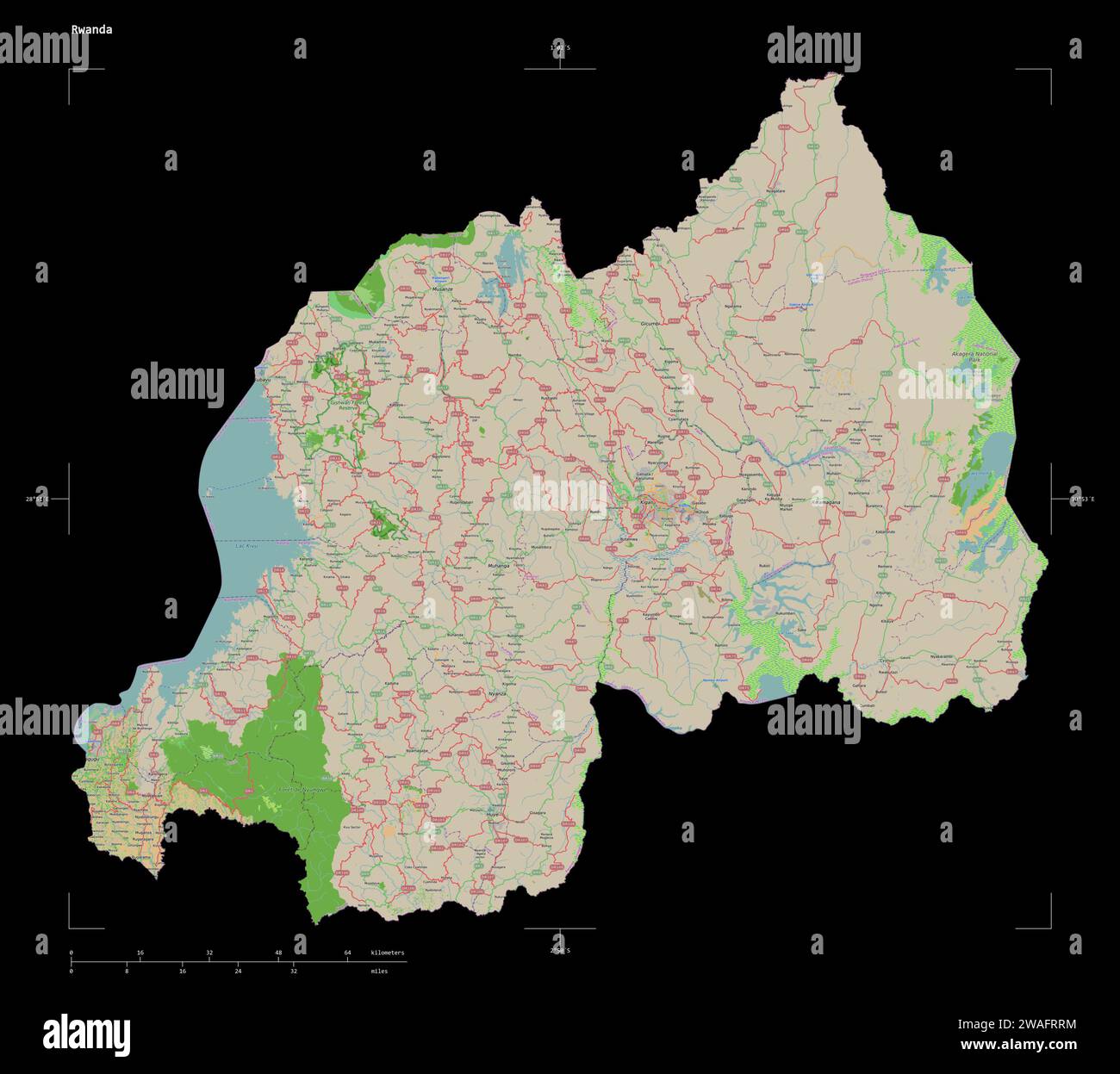 Shape of a topographic, OSM France style map of the Rwanda, with ...