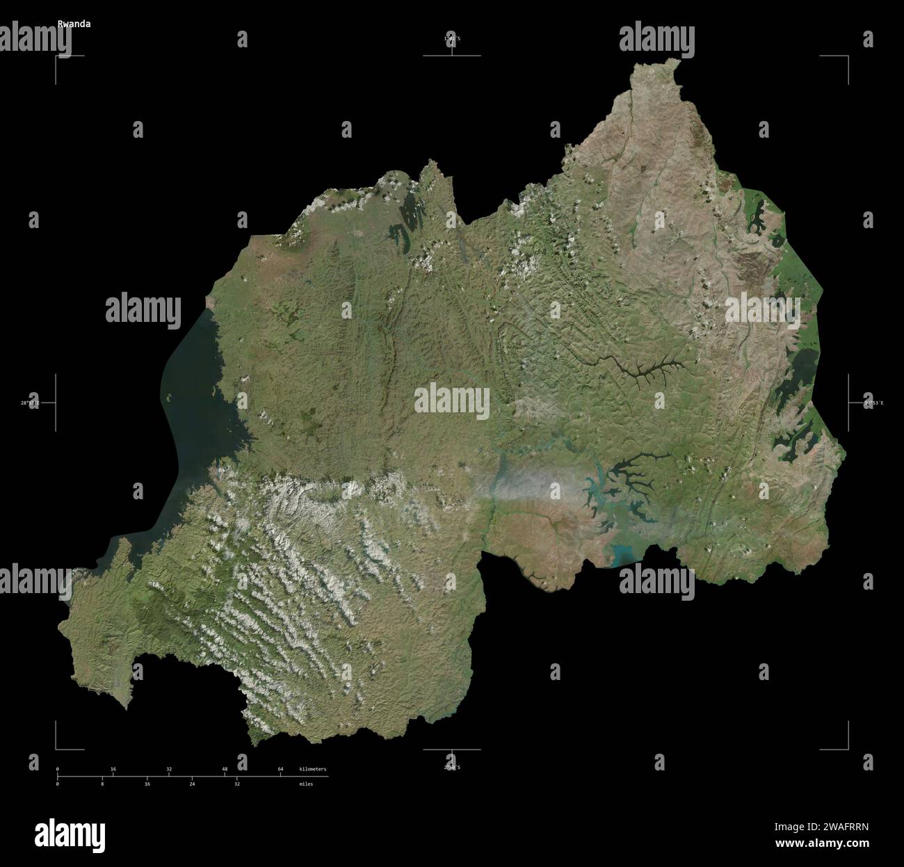 Shape of a high resolution satellite map of the Rwanda, with distance ...