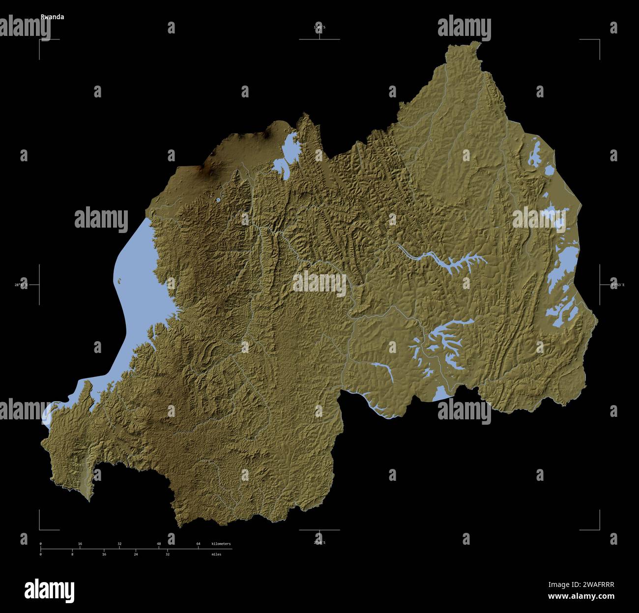 Shape of a Pale colored elevation map with lakes and rivers of the Rwanda, with distance scale ...