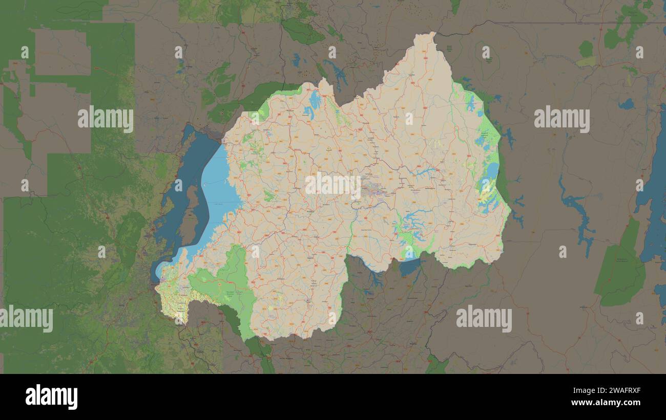 Rwanda highlighted on a topographic, OSM standard style map Stock Photo ...