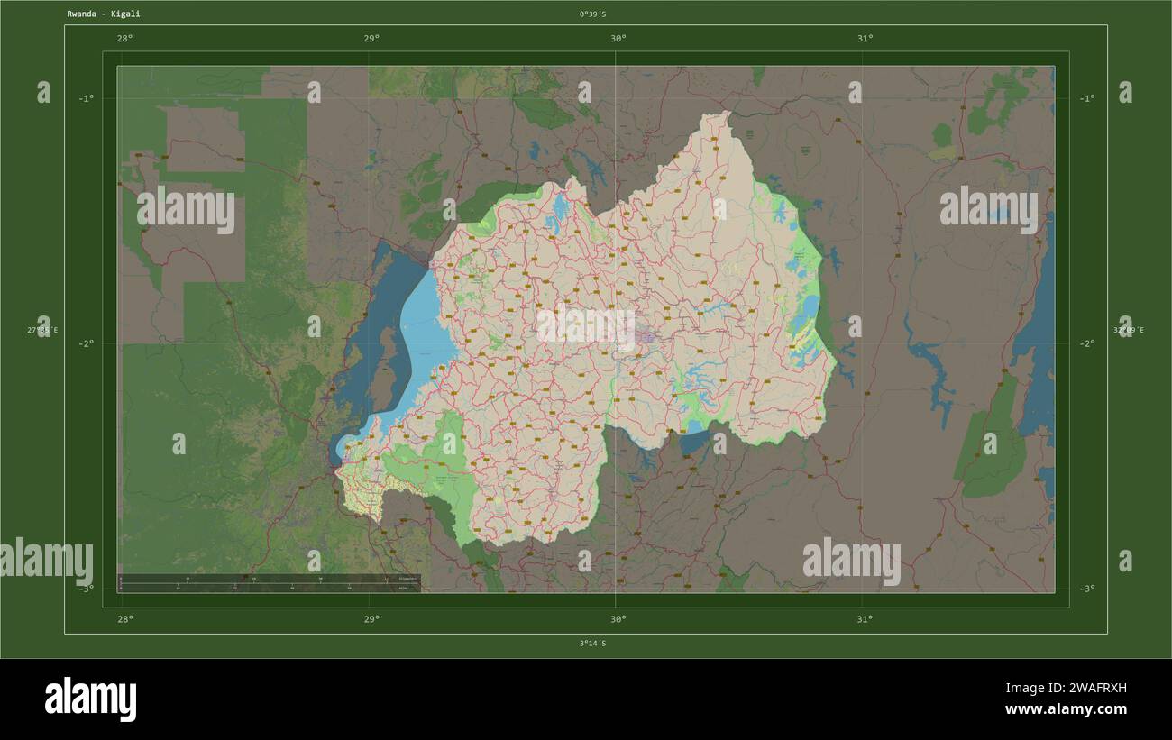 Rwanda highlighted on a topographic, OSM Germany style map map with the ...